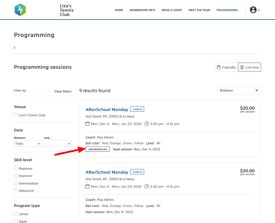 Programming Waiting Lists – USTA Online Help Center